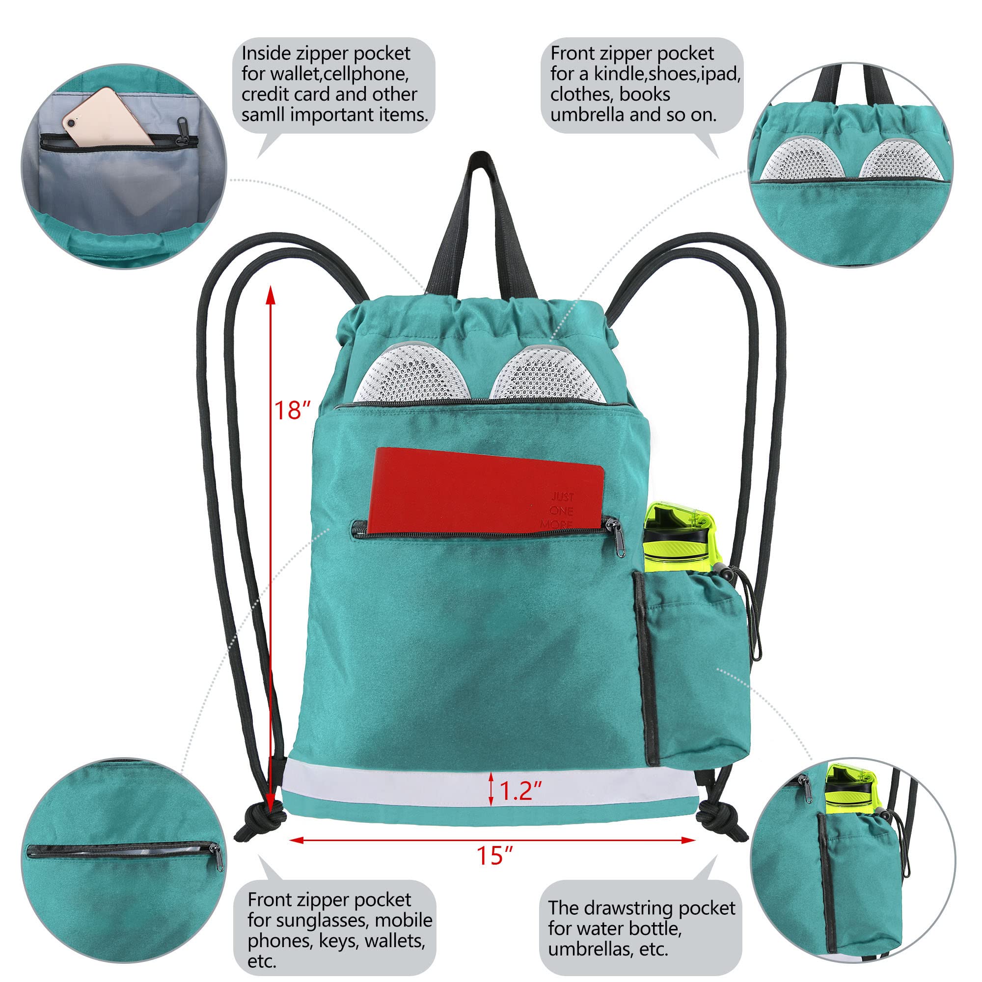 BeeGreen Gym Backpack Sports Bag String Bag Drawstring Backpack w 2 Zipper Pockets Cinch Draw String Back Sack for Men Women w Pouch Cute Workout Bag Sinch Sack Washable Sturdy