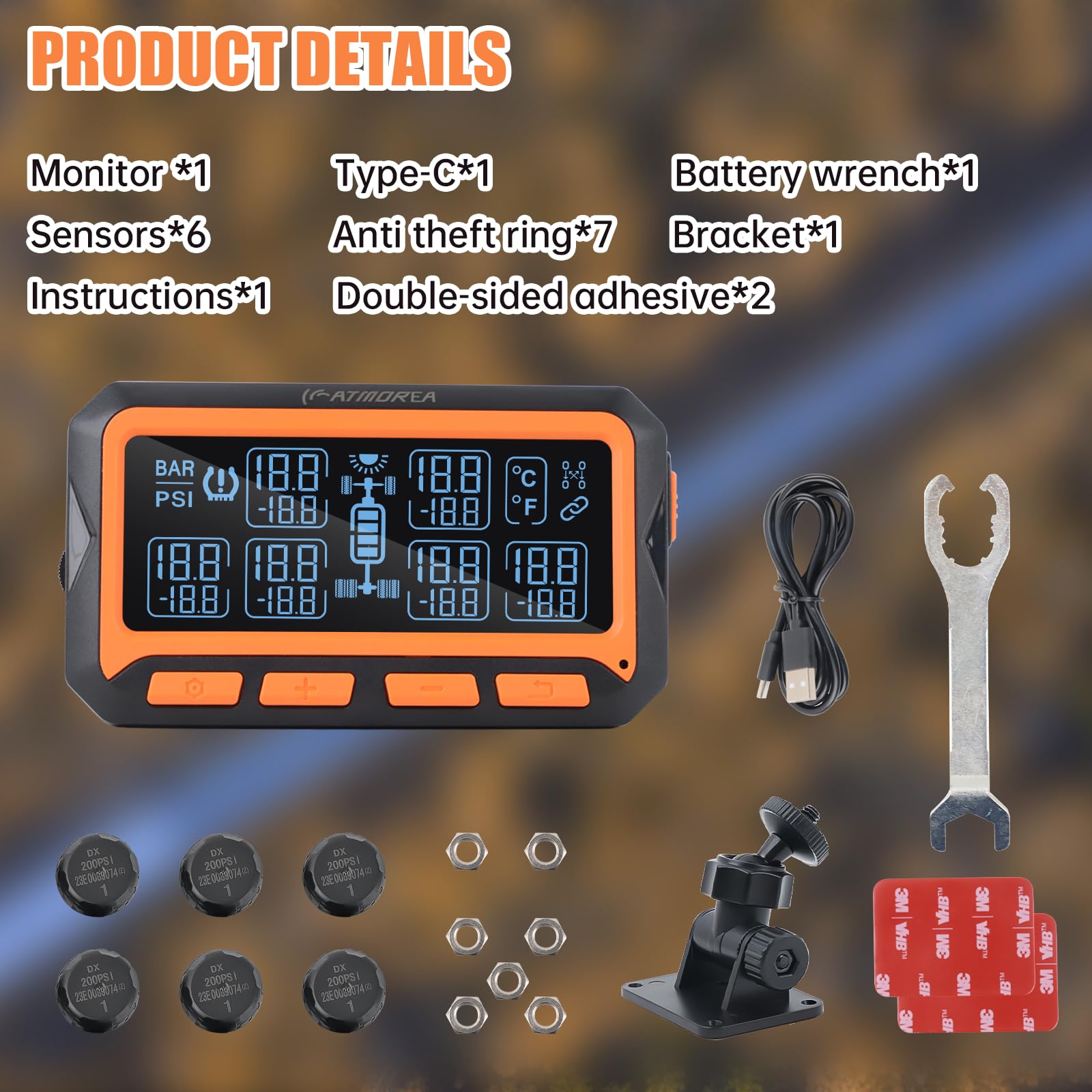 ATMOREA Tire Pressure Monitoring System RV TPMS with 6 Sensors 7 Alert Modes & Real Time Display Pressure&Tempereture Auto Sleep Mode