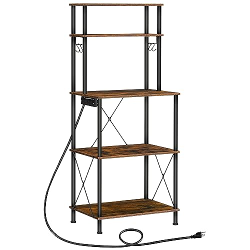 HOOBRO Bakers Rack with Power Outlets, Coffee Bar, Microwave Stand with S-Hooks, Kitchen Storage Rack for Kitchen, Entrance, Living Room, Dining Room, Office, Rustic Brown and Black BF80UHB01