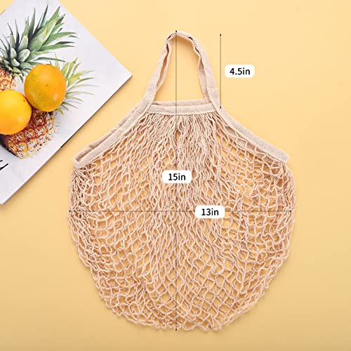 Eslazoer [2 pack] completely Cotton string storage shopping bags, Ecology Reusable and washable mesh grocery bag, Portable short handle net tote beige
