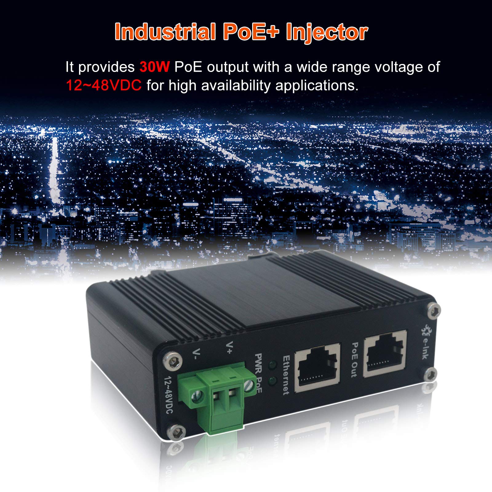 Gigabit PoE Injector, Industrial Gigabit PoE+ Injector,Non PoE to PoE Adapter,IEEE802.3 at 30W Hardened POE Adapter with 12-48V DC Input DIN- Rail,Distance Up to 100 Meters (328 ft)
