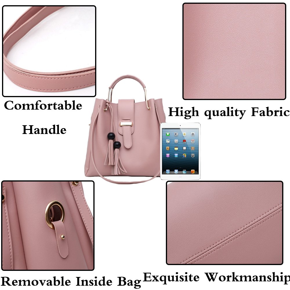 FiveloveTwo Women's Purse and Handbags 3 Pcs Bag Set PU Leather Tassel Totes Clutch Satchels Top Handle Shoulder Crossbody Bags Pack Beige