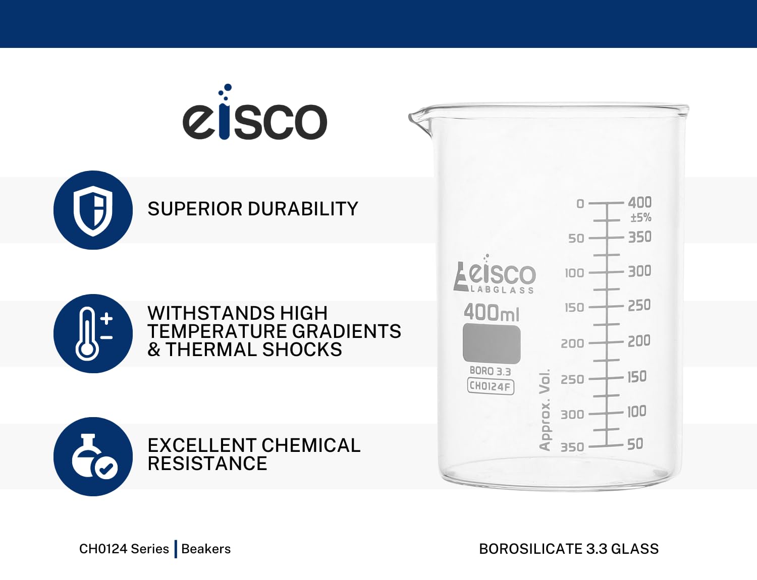EISCO 12PK Beakers, 10ml - ASTM - Low Form with Spout - White Graduations - Borosilicate 3.3 Glass