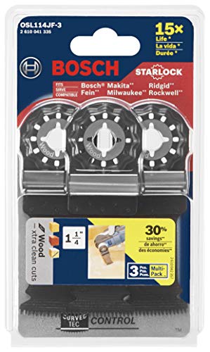 BOSCH OSL114JF-3 3-Pack 1-1/4 In. Starlock Oscillating Multi Tool Wood Curved-Tec Bi-Metal Xtra-clean Plunge Cut Blades for Applications in Cutting Wood, Hardwood, Laminate
