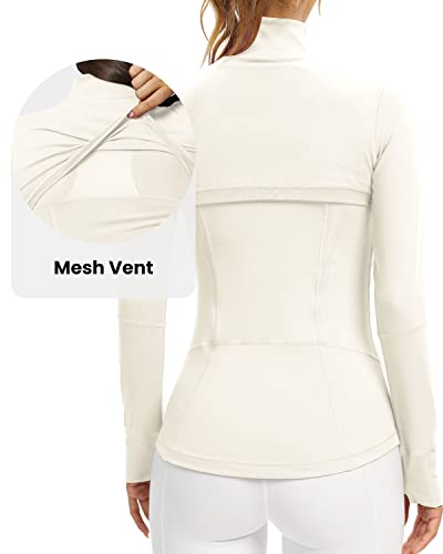 AVGO Women's Running Track Jacket Lightweight Athletic Slim Fit Track Jacket Gym Top Workout Clothes 2024(Lvory White, L)