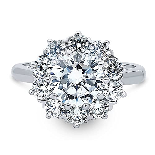 BERRICLE Sterling Silver Flower Wedding Engagement Rings Cubic Zirconia CZ Statement Halo Cocktail Ring for Women, Rhodium Plated Size 8