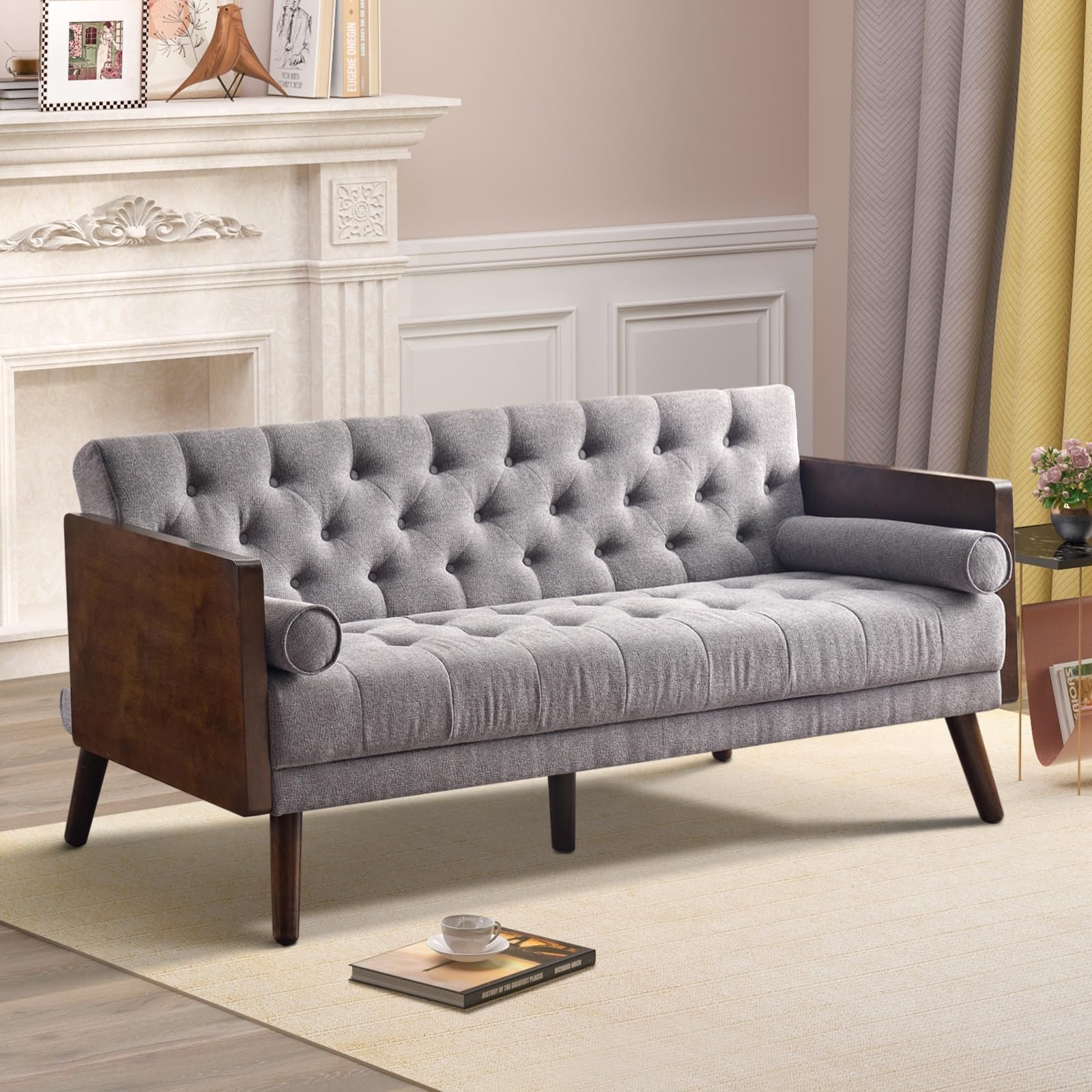 CANMOV Futon Sofa Bed, Sofa Cama, Sleeper Loveseat, Convertible Sleeper Sofa Bed Living Room, Wood Frame Loveseat Sleeper Sofa Bed with 2 Pillows for Small Spaces, Bedroom, Office, 70 Inch, Grey