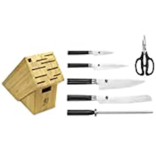 Shun Cutlery 7-Piece Essential Knife Block Set, Includes Classic 8β Chef, 6β Utility, 9β Bread & 3.5β Paring Herb Shears, Handcrafted Japanese Kitchen Knives, Black