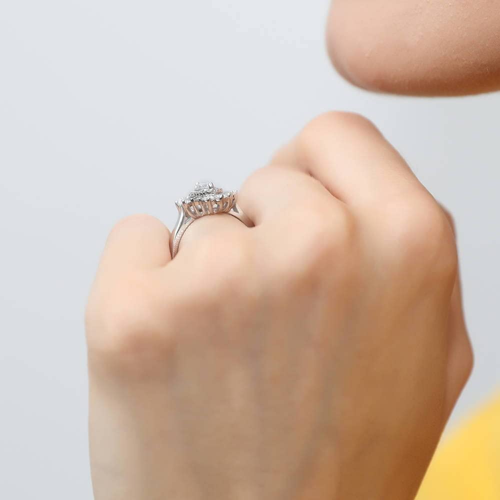 BERRICLE Sterling Silver Halo Wedding Engagement Rings Marquise Cut Cubic Zirconia CZ Statement Cluster Ring for Women, Rhodium Plated Size 8