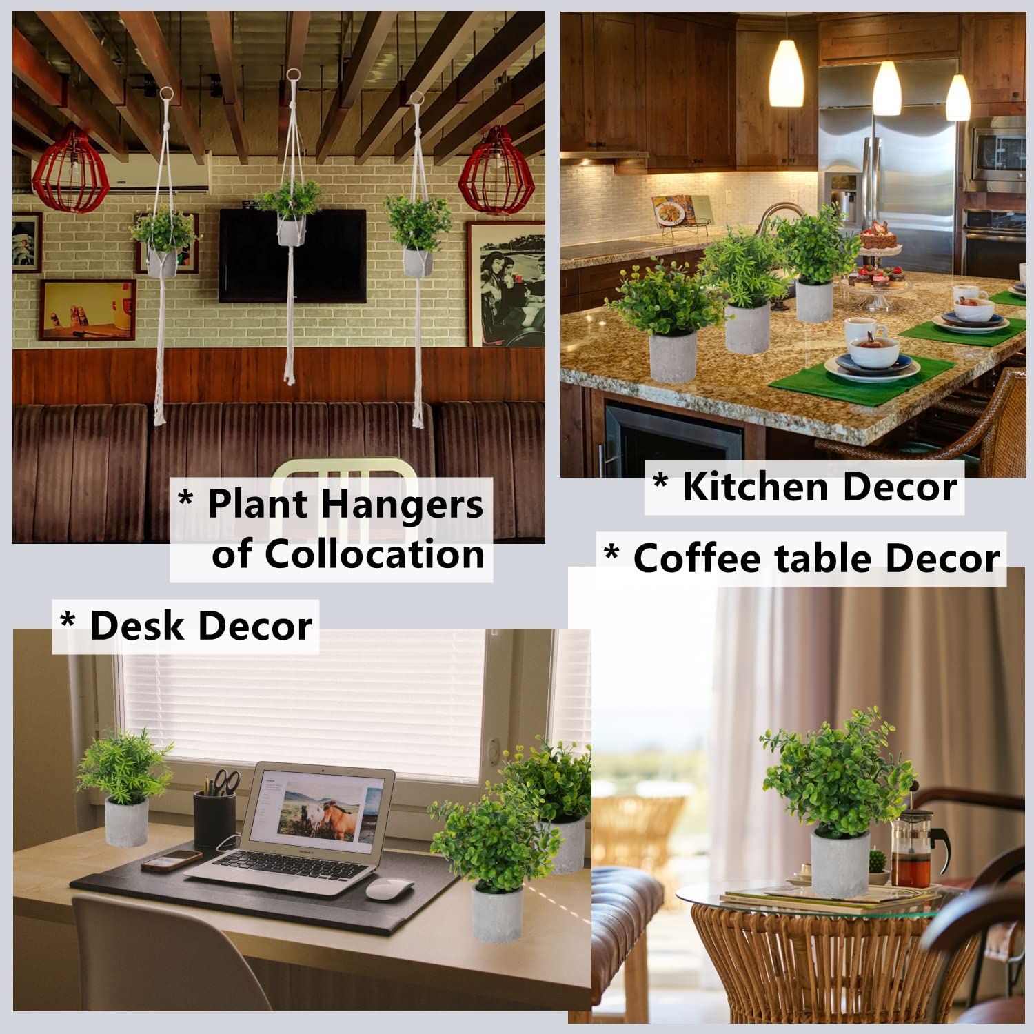 mizii 3 Pack Mini Potted Artificial Plants w/ 3 Plant Hangers,Eucalyptus Rosemary Fake Leaves Green for Indoor Home Room Shelf Kitchen Balcony Garden Wedding Decor