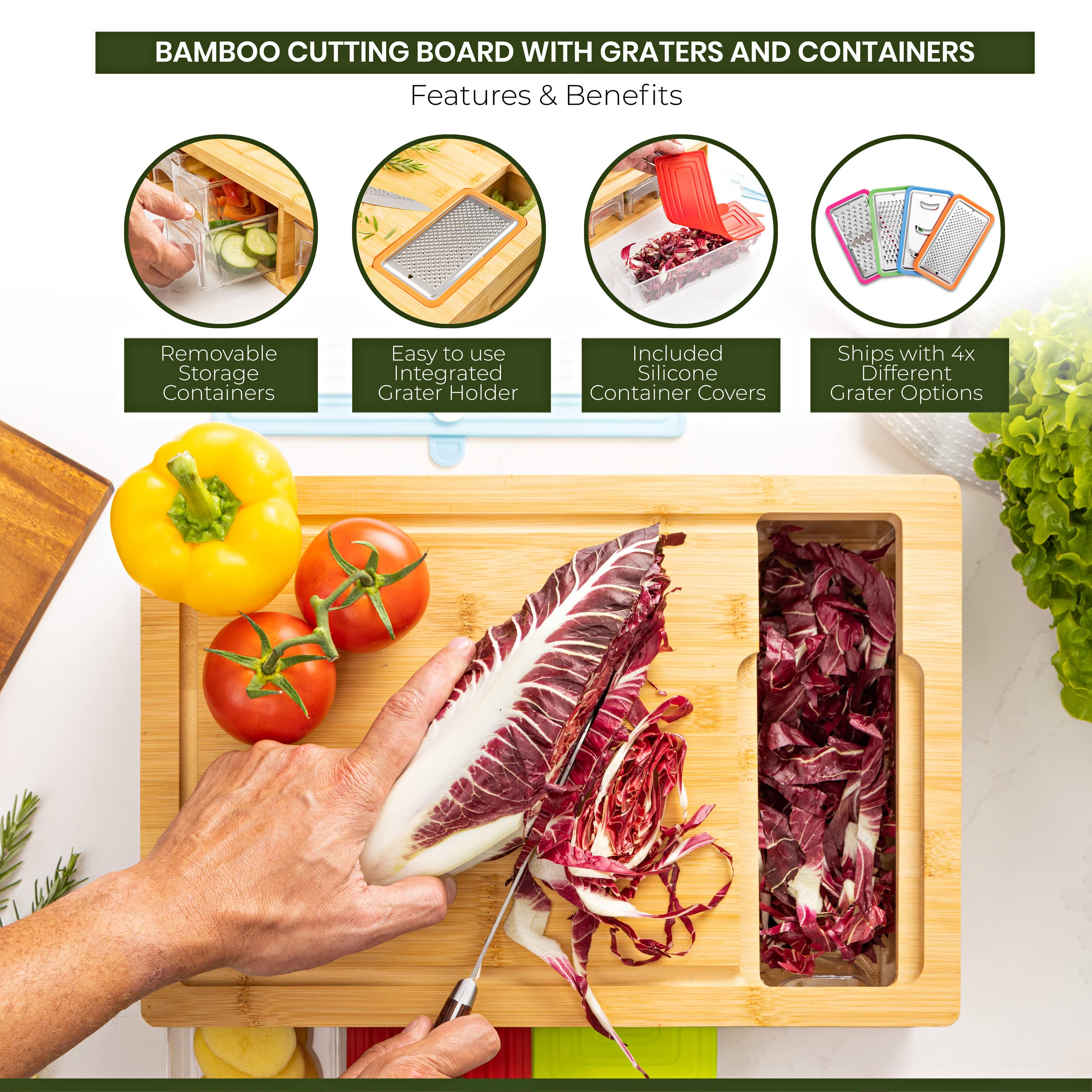 Bamboo Cutting Board With Containers - Multifunctional With Trays, Lids, Juice Groove, Graters, Save Space For Organised Kitchen, Makes Food Prep Quick And Easy