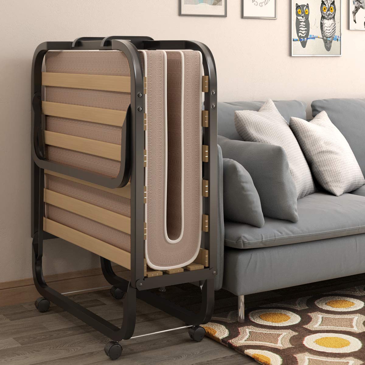 GORELAX Foldable Single Bed, Cot Size Portable Bed with 4β Memory Foam Mattress & Wheels, Rollaway Guest Bed w/Steel Frame & Wooden Slats, Made in Italy, Sleeping Folding Cot Bed for Adults
