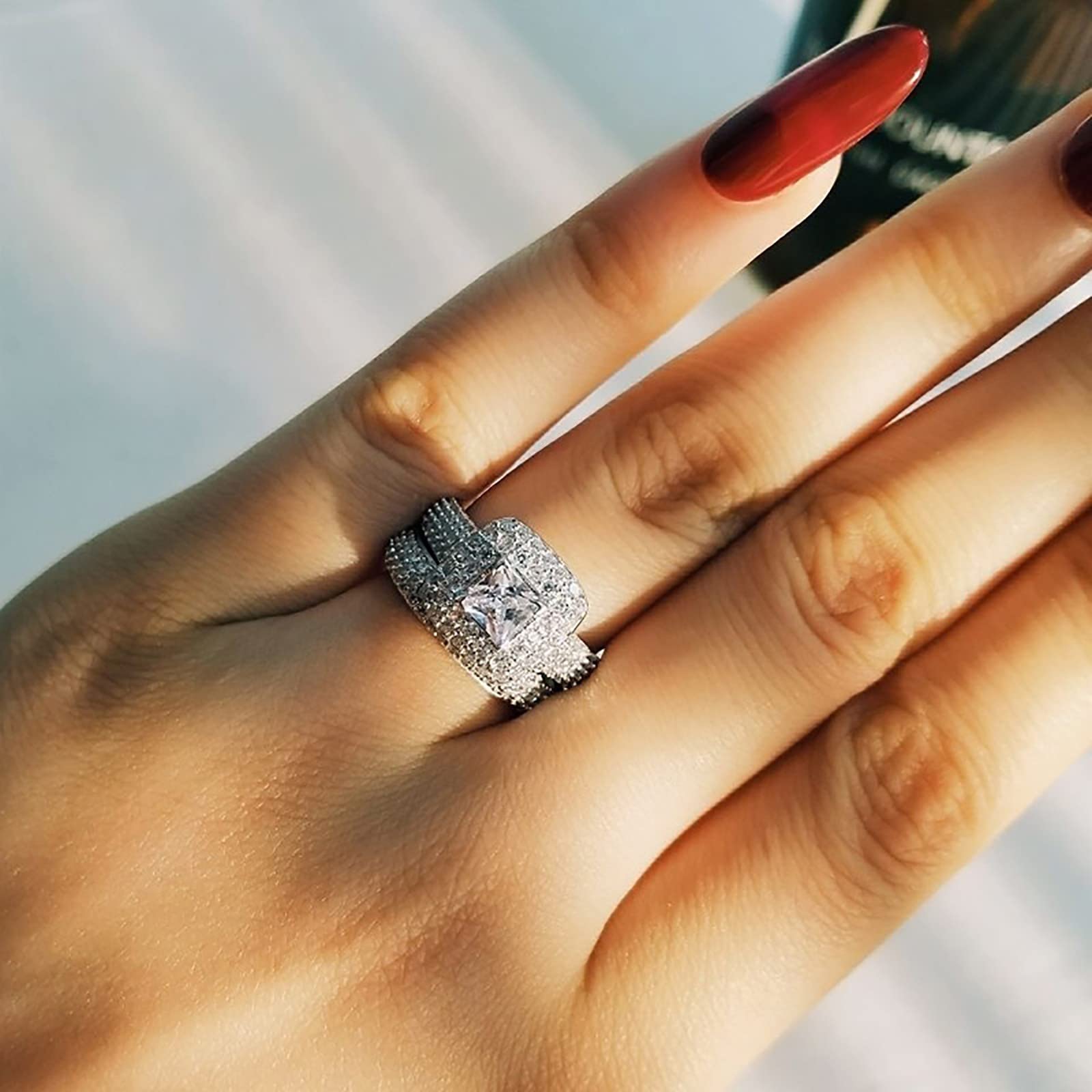 BLUGY 2pcs Ring Set Couple Rings Princess Square Diamond Set Ring Fashion Luxury Engagement Wedding Jewelry for Valentine's Day