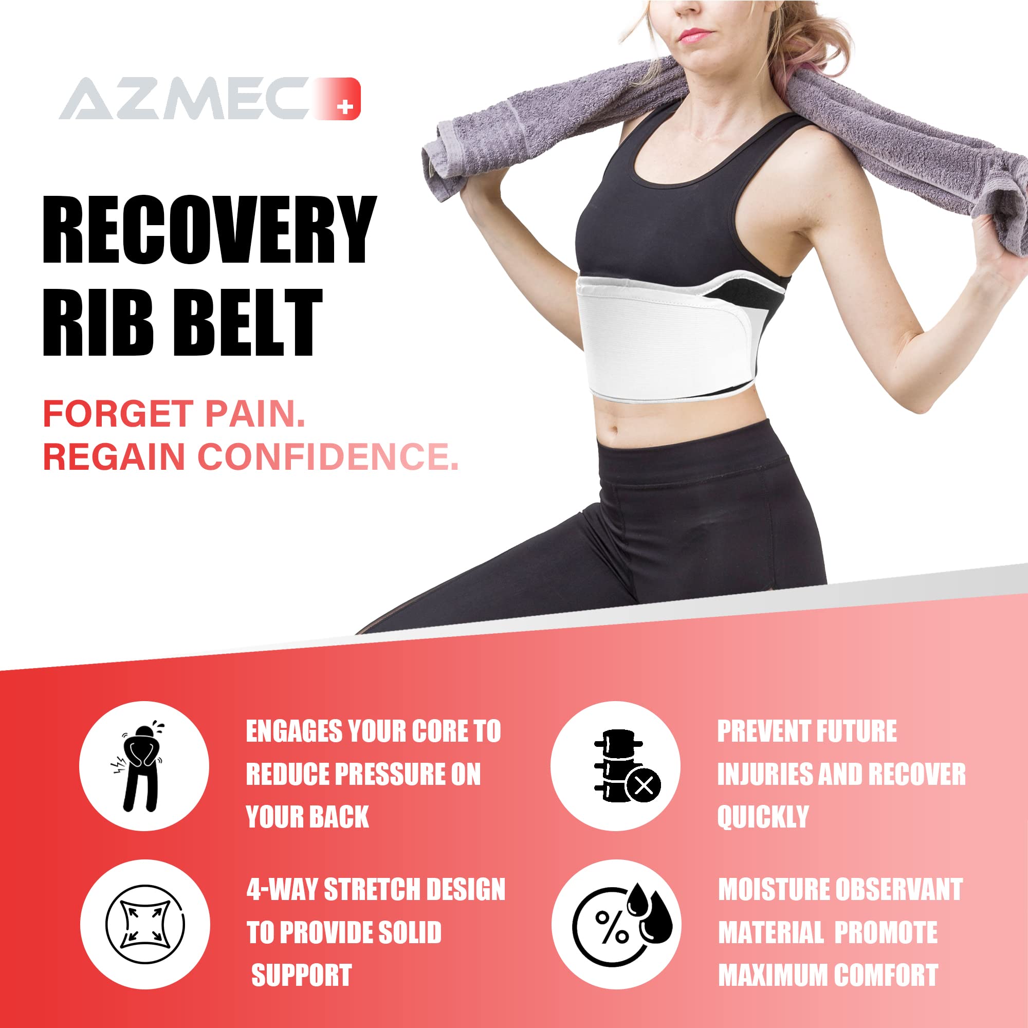 Azmec Rib Belt, 6" Elastic/Foam Chest Panel Universally Adjustable for Women, Rib Cage Protector, Wrap for Sore or Bruised Ribs, Support Sternum Injuries, Muscle Pain and Strain (Fits 26β- 40β Chest)