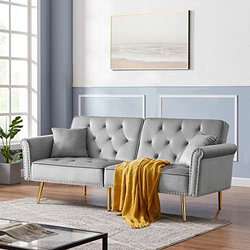 Kakotito Tufted Velvet Sofa Bed Sleeper with 2 Pillows, Luxury Loveseat Couch, Splitback Futon for Living Room & Office, Convertible Futon with Vintage Nailhead Trim and Metal Legs (Gray)