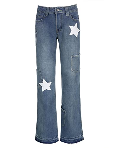 ETATNG Womens Star Print High Waist Baggy Cargo Jeans with Slant Pocket Vintage Y2K Straight Leg Distressed Denim Blue L
