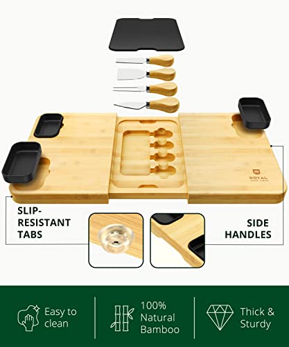 Extra Large Bamboo Charcuterie Boards - Large Charcuterie Board Set w/ 3 Sauce Bowls, 4 Knives & Slate Plate - Unique Cheese Board & Serving Tray with Charcuterie Accessories - Ideal Housewarming Gift