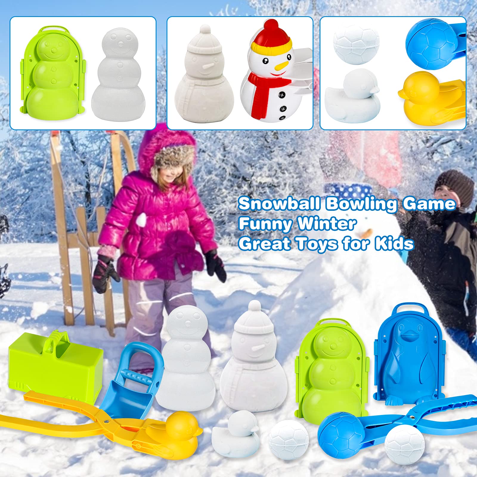 Max Fun 25Pcs Winter Snowball Tool Kit with Handle for Snow Ball Shapes Fights Duck for Kids Toddlers Adults Outdoor Sand Molds Beach Toys