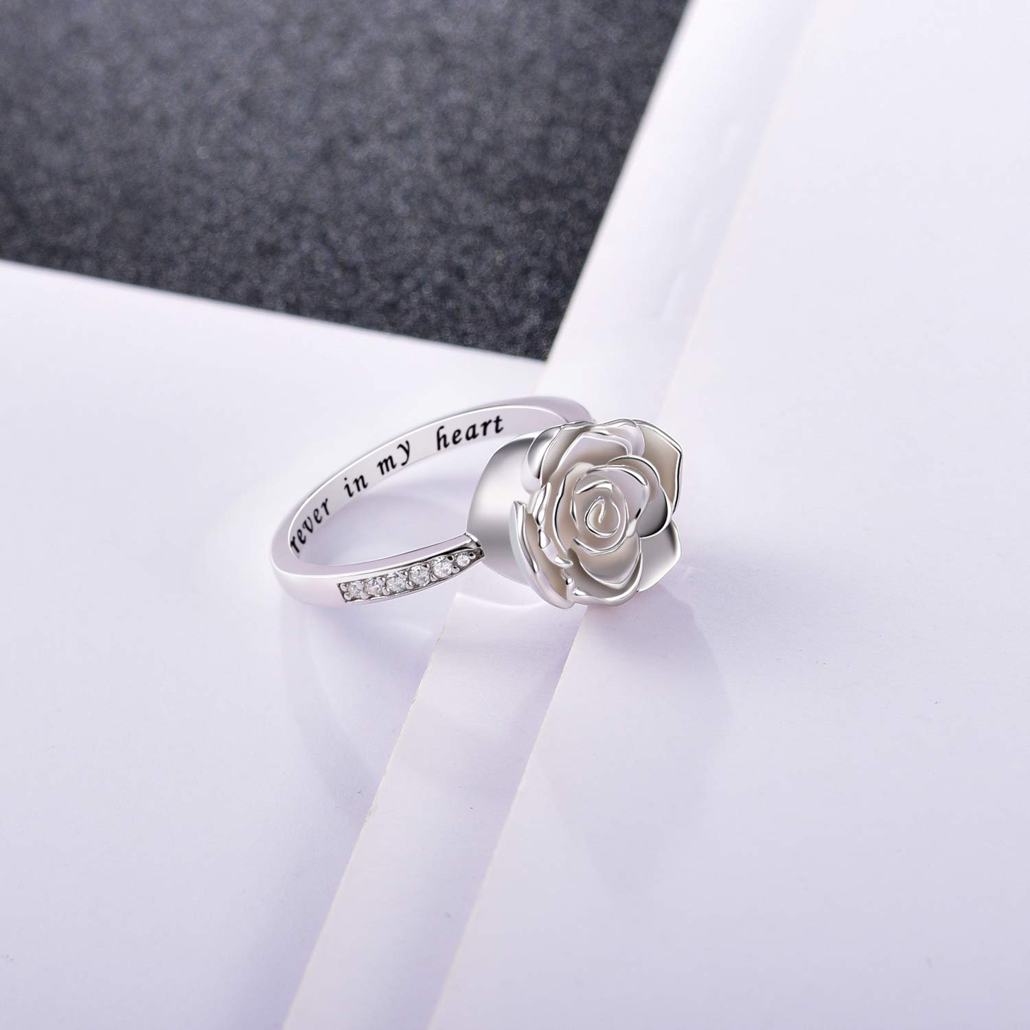 BEILIN Sterling Silver Rose Flower Urn Ring for Ashes Hold Loved Ones Forever in My Heart Cremation Jewelry Urns Ring for Women (10)
