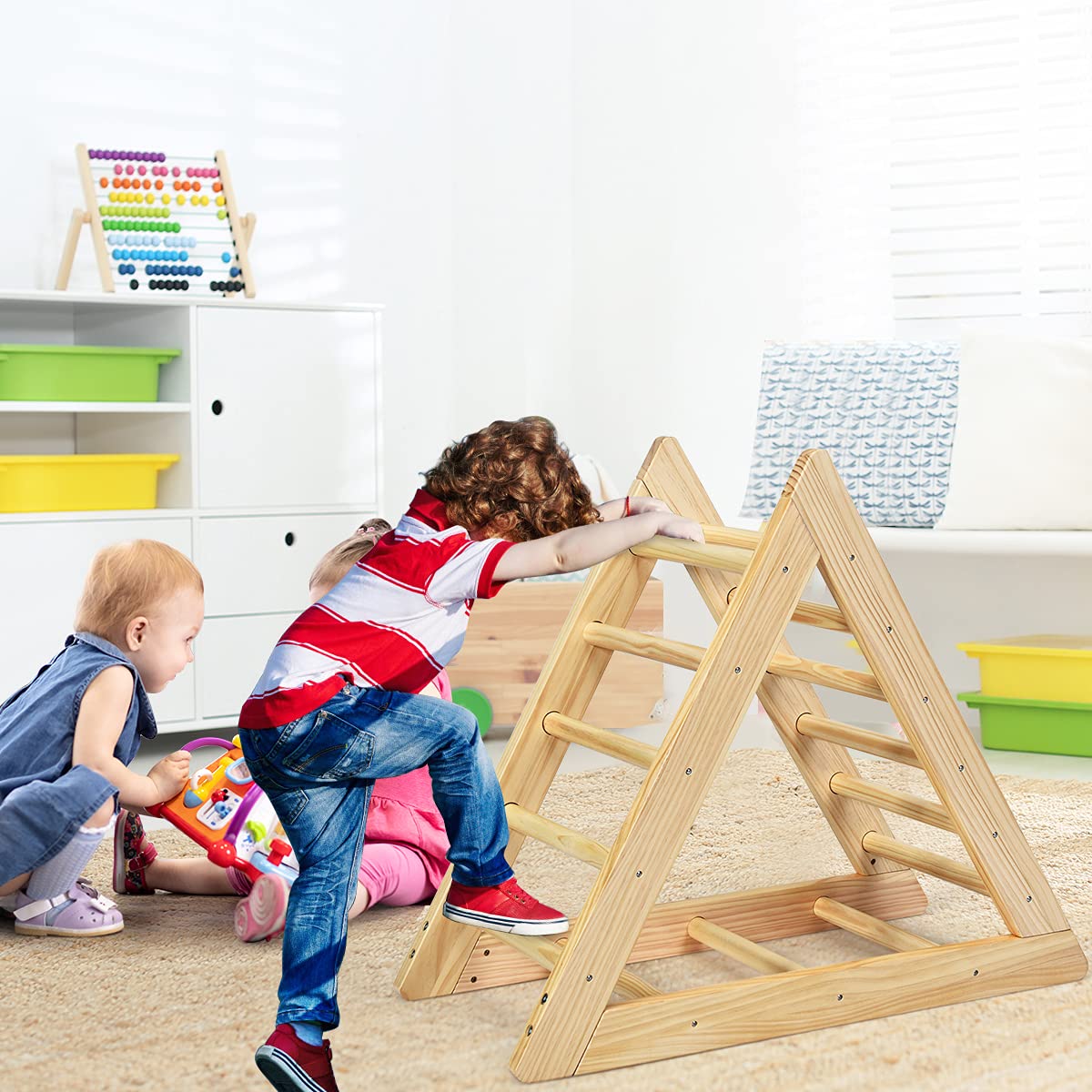 INFANS Kids Wooden Triangle Climber, Toddler Climbing Toys with 3 Different Climbing Ladders, Indoor Playful Climbing Toys with Stable Structure, Gift for 3+ Boys Girls