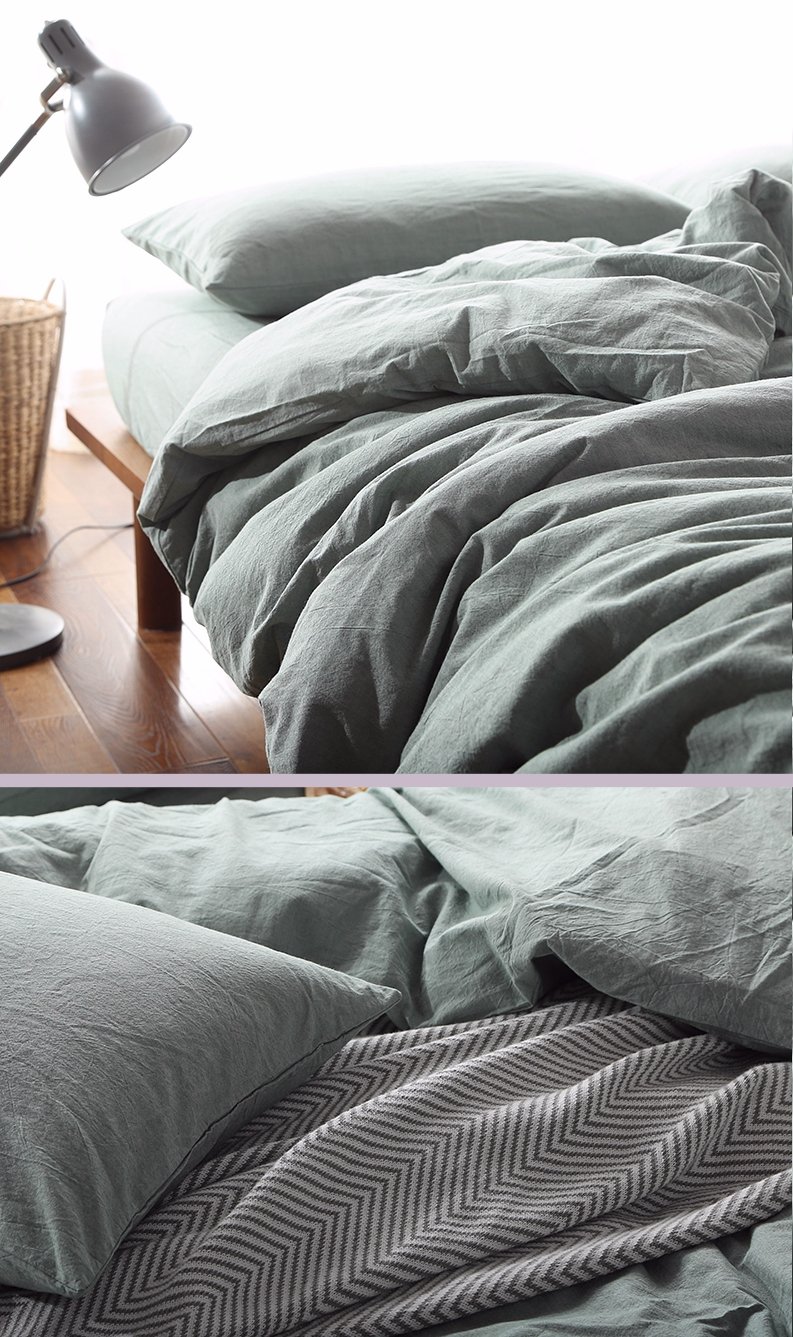 Eikei Washed Cotton Chambray Duvet Cover Solid Color Casual Modern Style Bedding Set Relaxed Soft Feel Natural Wrinkled Look (King, Eucalyptus Mint)