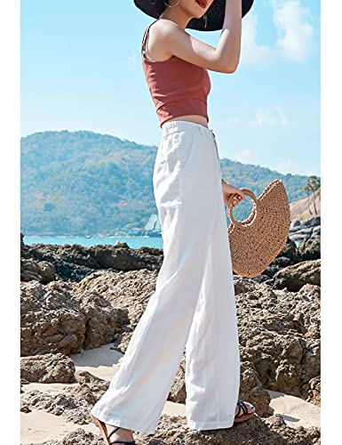 Hooever Womens Casual High Waisted Wide Leg Pants Button Up Straight Leg Trousers(White-L)