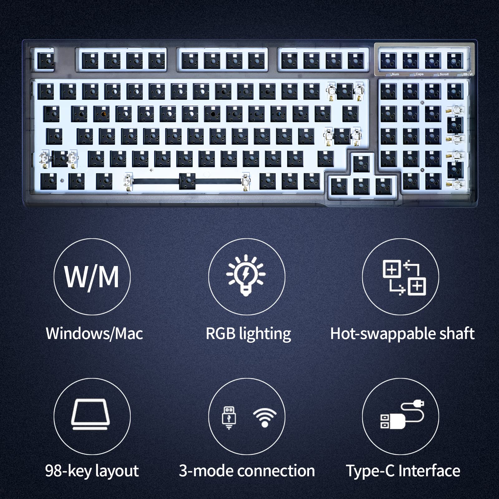 Gk98 RGB Mechanical Keyboard DIY Kit Hot-Swappable Three-Mode Wired 2.4g BT5.0 Custom Keyboard Compatible with Akko, Cherry Mx, Gateron, Kailh Mechanical Axis (Transparent Black)