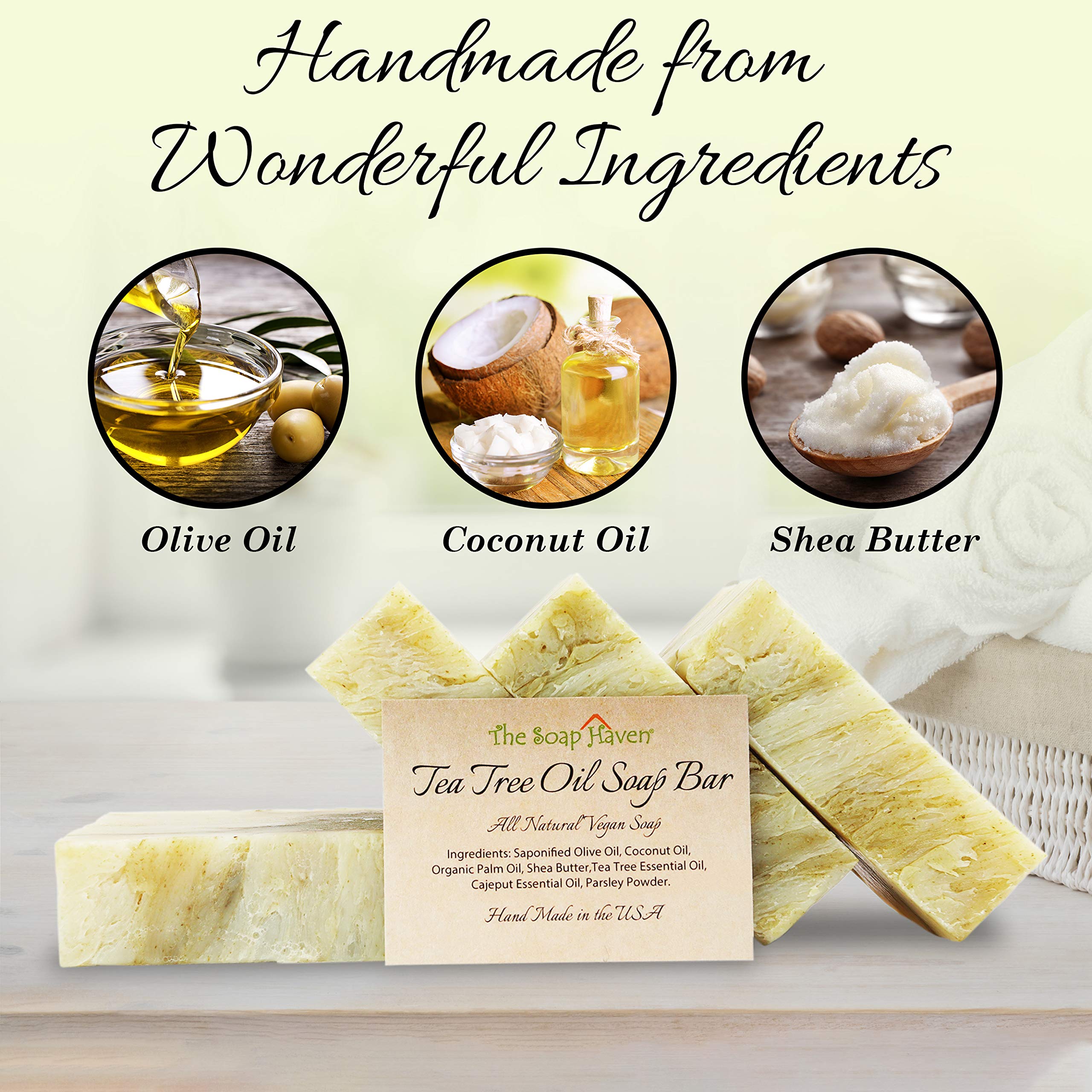 TEA TREE SOAP BAR - 4 Natural Tea Tree Oil Soap Bars for Face, Hand, Foot, Body Wash - Fights Blemishes, Itch, Body Odor. Handmade in USA with Non-GMO Ingredients. 4 Large 4.5 oz Bars