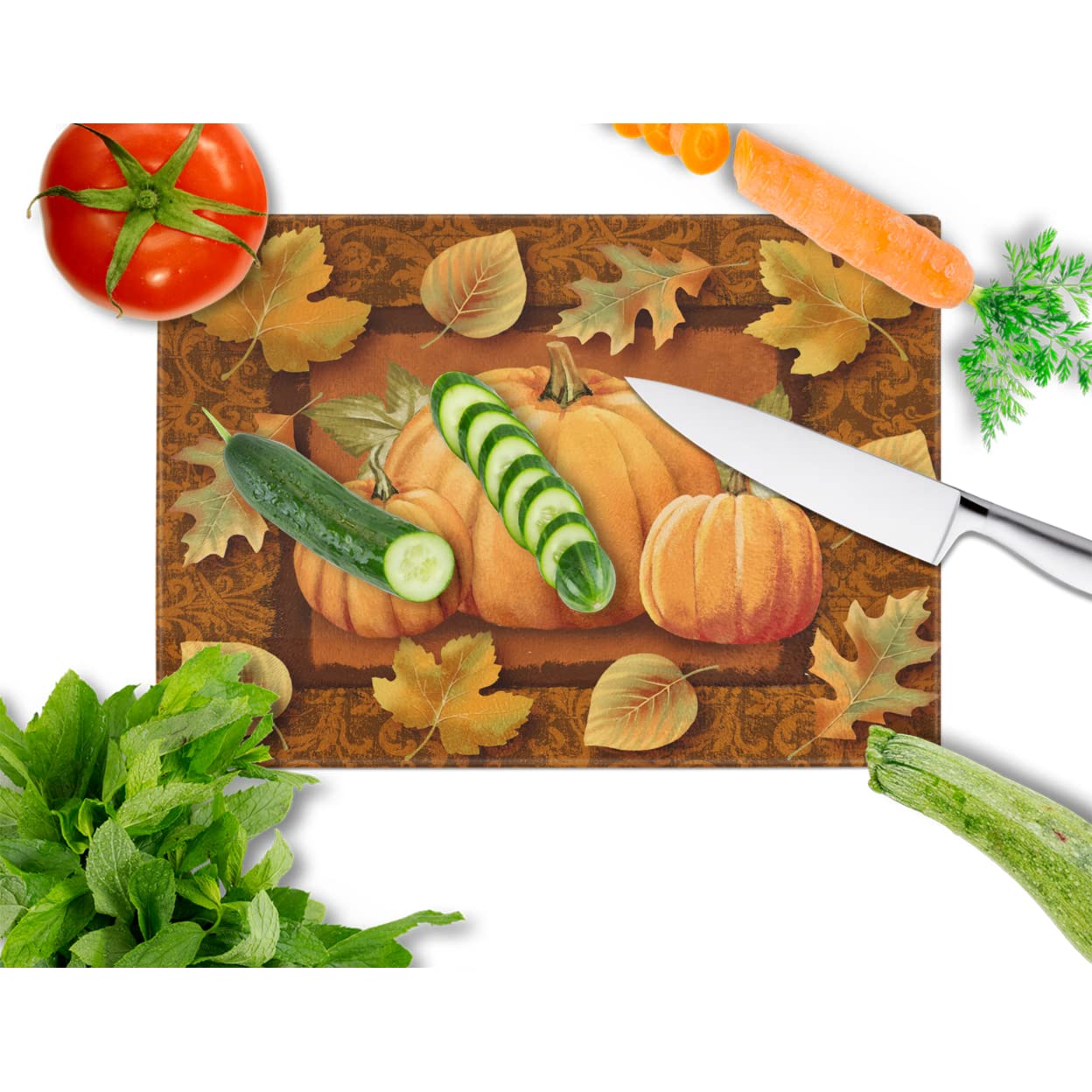 Caroline's Treasures PTW2009LCB Pumpkins and Fall Leaves Glass Cutting Board Large Decorative Tempered Glass Kitchen Cutting and Serving Board Large Size Chopping Board