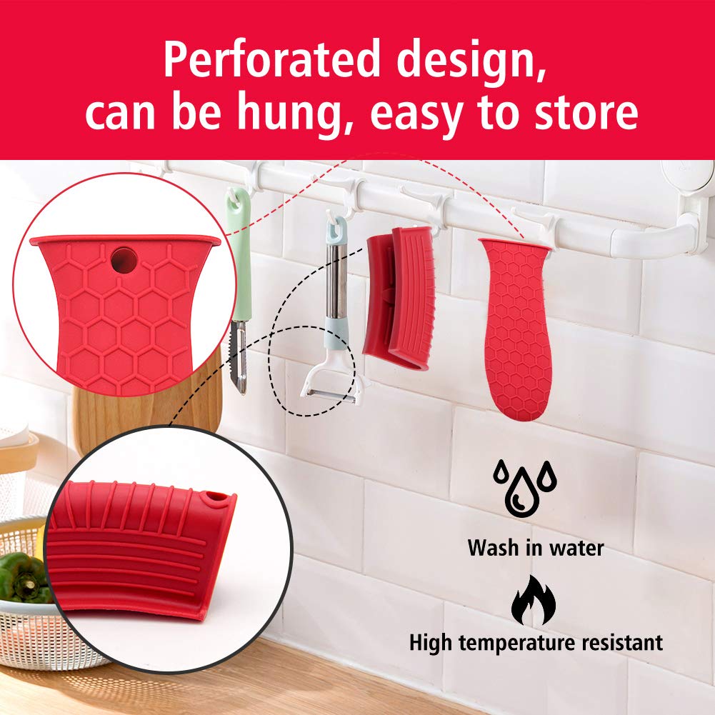 Cast Iron Skillet Handle Covers Silicone Hot Handle Holder,4 Pieces Pan Handle Sleeve Pot Holders Cover,Non Slip Rubber Pot Holders for Cast Iron Skillet Metal Pan (Red)