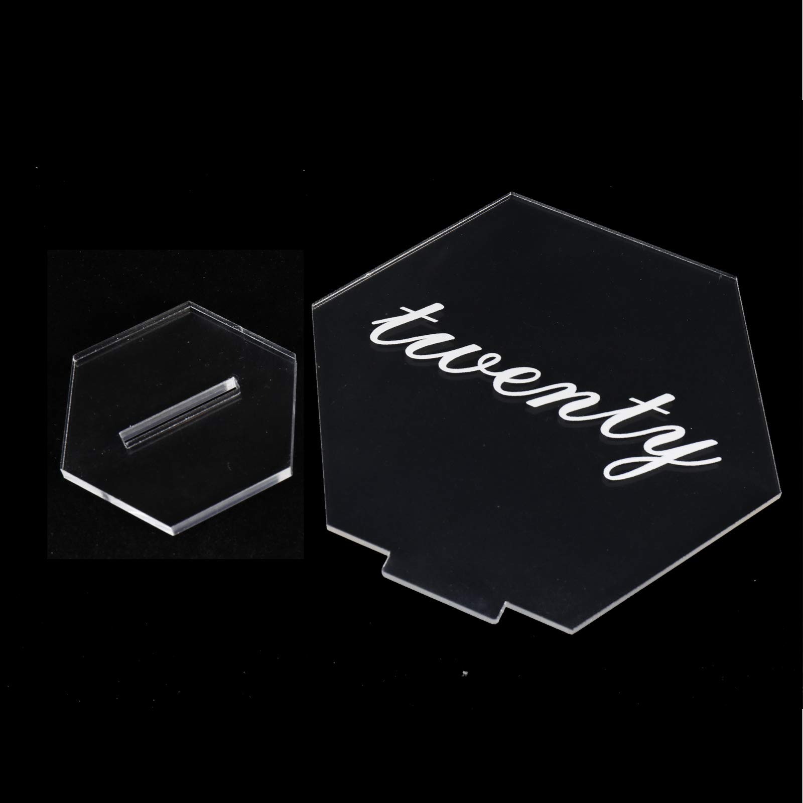 HighFree Hexagon Acrylic Table Numbers 1-20 with Stand - Printed Calligraphy Place Cards, Clear Acrylic Table Numbers for Wedding Reception, 4x4.5 inch, Set of 21