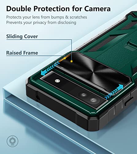 FNTCASE for Google Pixel-6a Phone Case: Military Grade Drop Proof Protective Rugged Cell Phone Cover with Kickstand & Slide | Shockproof TPU Matte Textured Heavy Duty Protection Tough Cases - Green