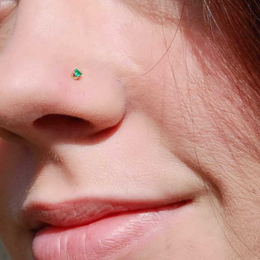 AtoZ Piercing - 9K Solid Yellow Gold Claw Set 2MM Emerald Green Crystal Stone 22 Gauge L Bend Nose Stud Piercing Jewelry
