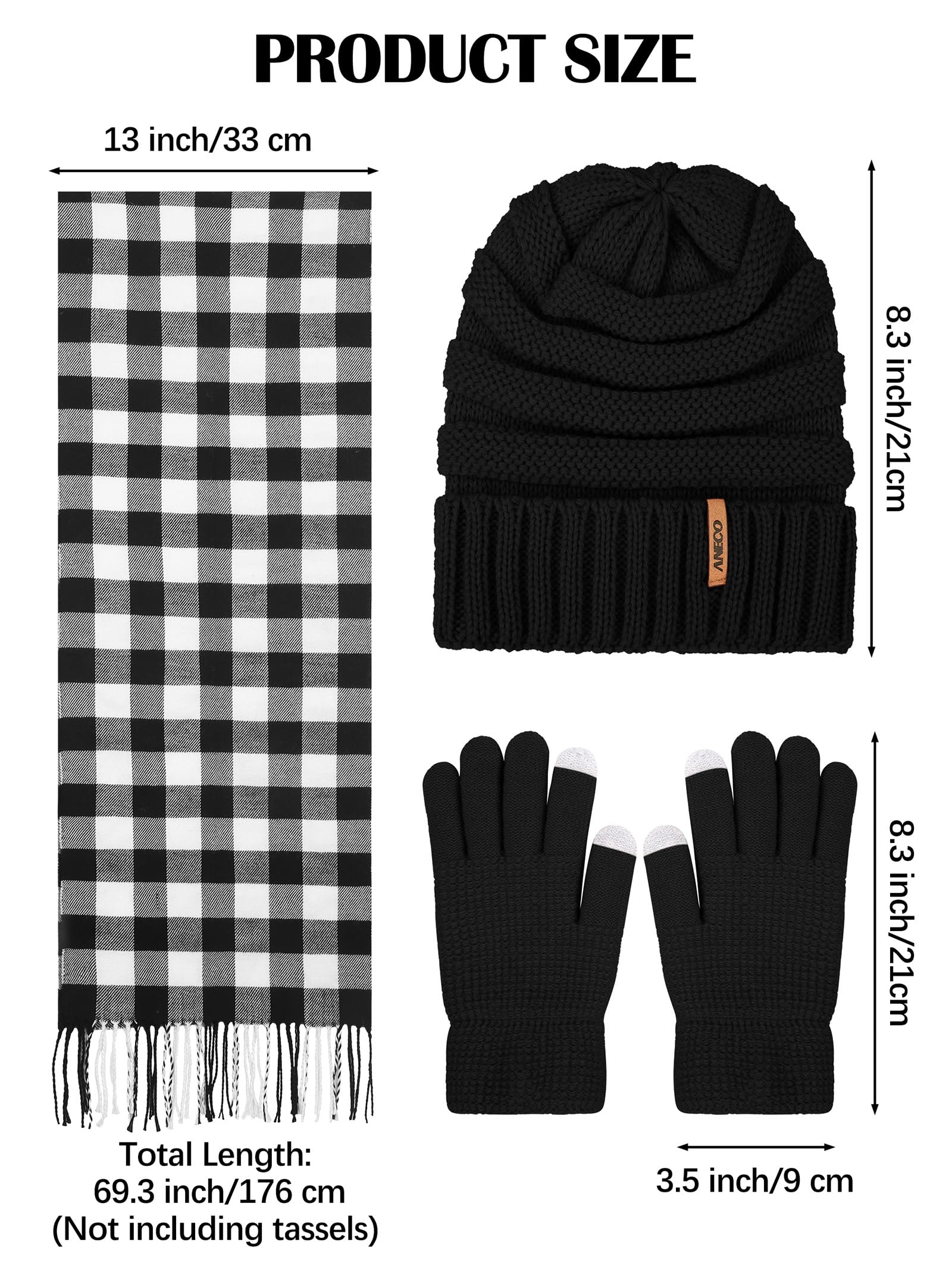 Aneco Winter Warm Knitted Scarf Beanie Hat and Gloves Set Men & Women's Soft Stretch Hat Scarf and Mitten Set