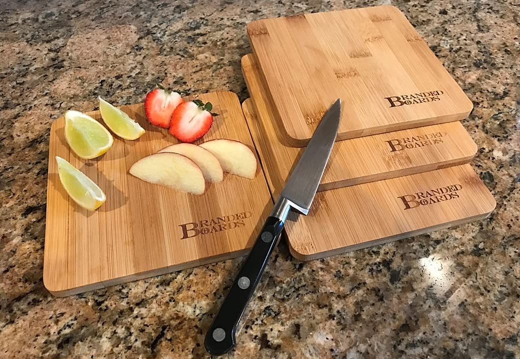 Branded Boards Small Mini All Natural Bamboo Cutting Board, Great for Apartments RV's Home Bar Backpacking Camping Bushcraft Dorm Rooms Picnics & Entertaining (4 Pack)