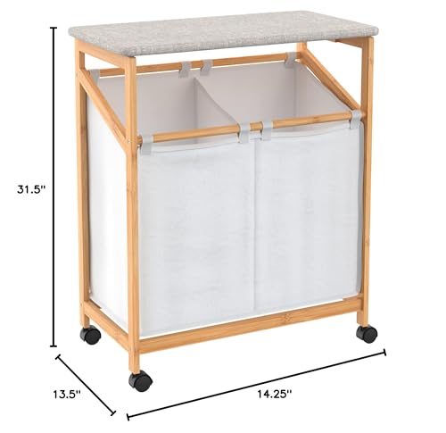 ClosetMaid Bamboo Laundry Hamper Cart with Ironing Board Folding Station, Dual Compartments with Divider, Portable Laundry Sorter, Natural Finish