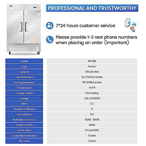 kalifon 54" Commercial Freezer with 2 Solid Door, 49 Cu.ft Reach-in Stainless Steel Freezer, Fan Cooling Freezer for Restaurant, Bar, Home, Shop, and Business(Equip 8 Shelves)