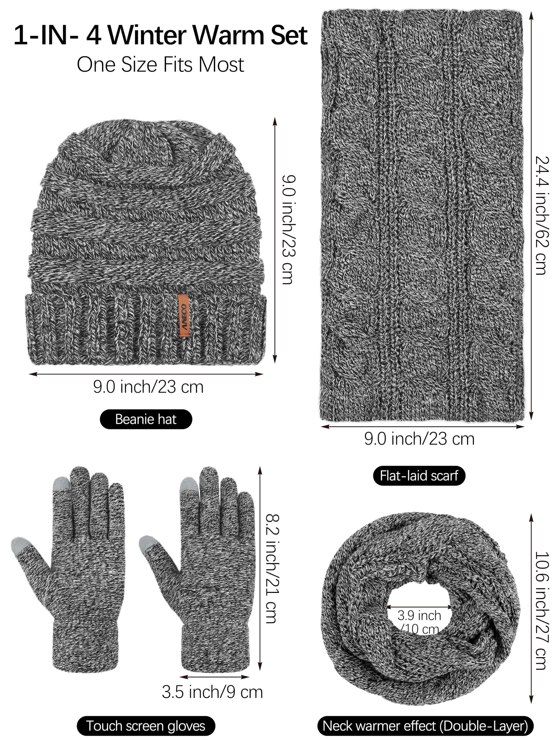 Aneco Winter Warm Knitted Scarf Beanie Hat and Gloves Set Men & Women's Soft Stretch Hat Scarf and Mitten Set
