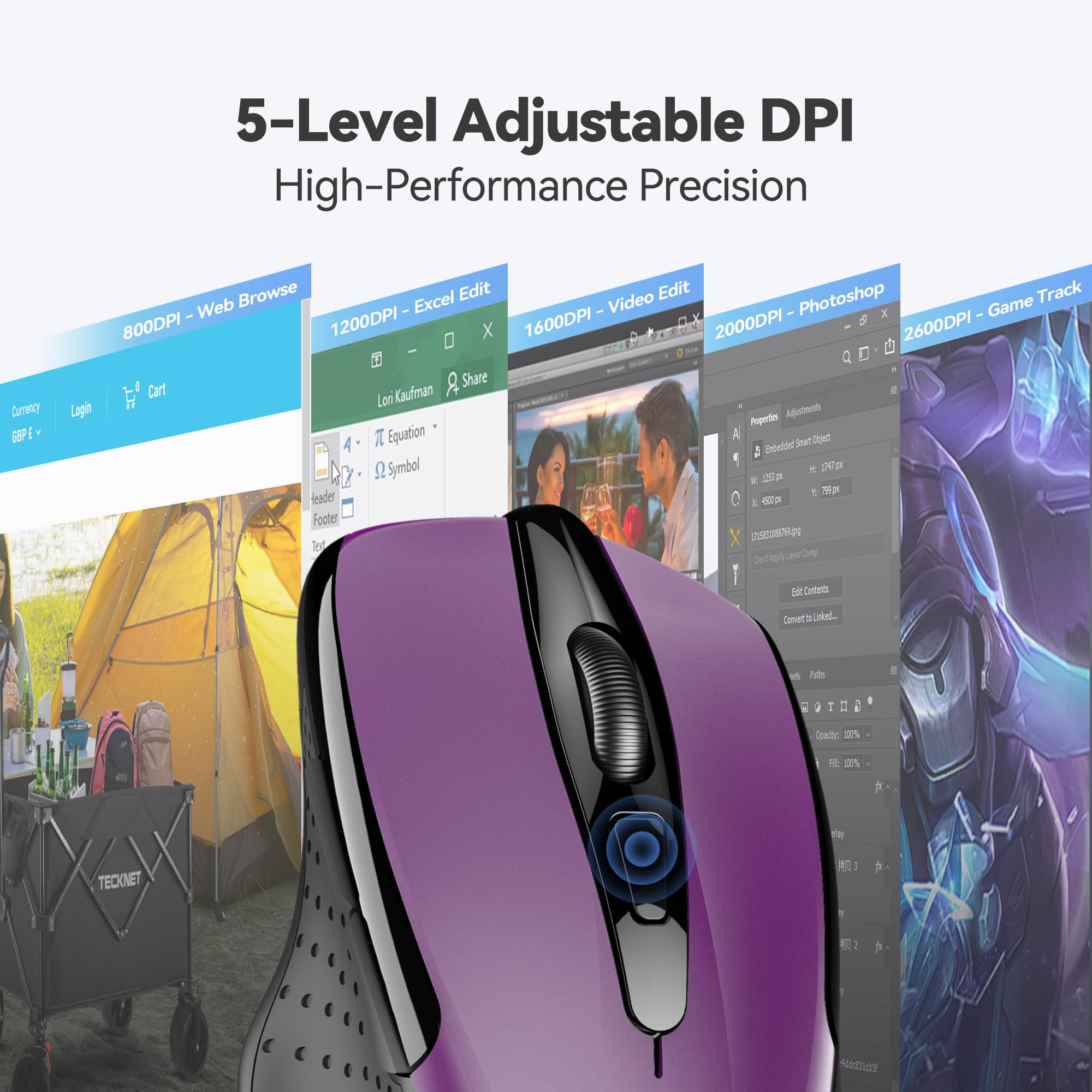 TECKNET Wireless Mouse, 2.4G Ergonomic Optical Mouse, Computer Mouse for Laptop, PC, Computer, Chromebook, Notebook, 6 Buttons, 24 Months Battery Life, 2600 DPI, 5 Adjustment Levels