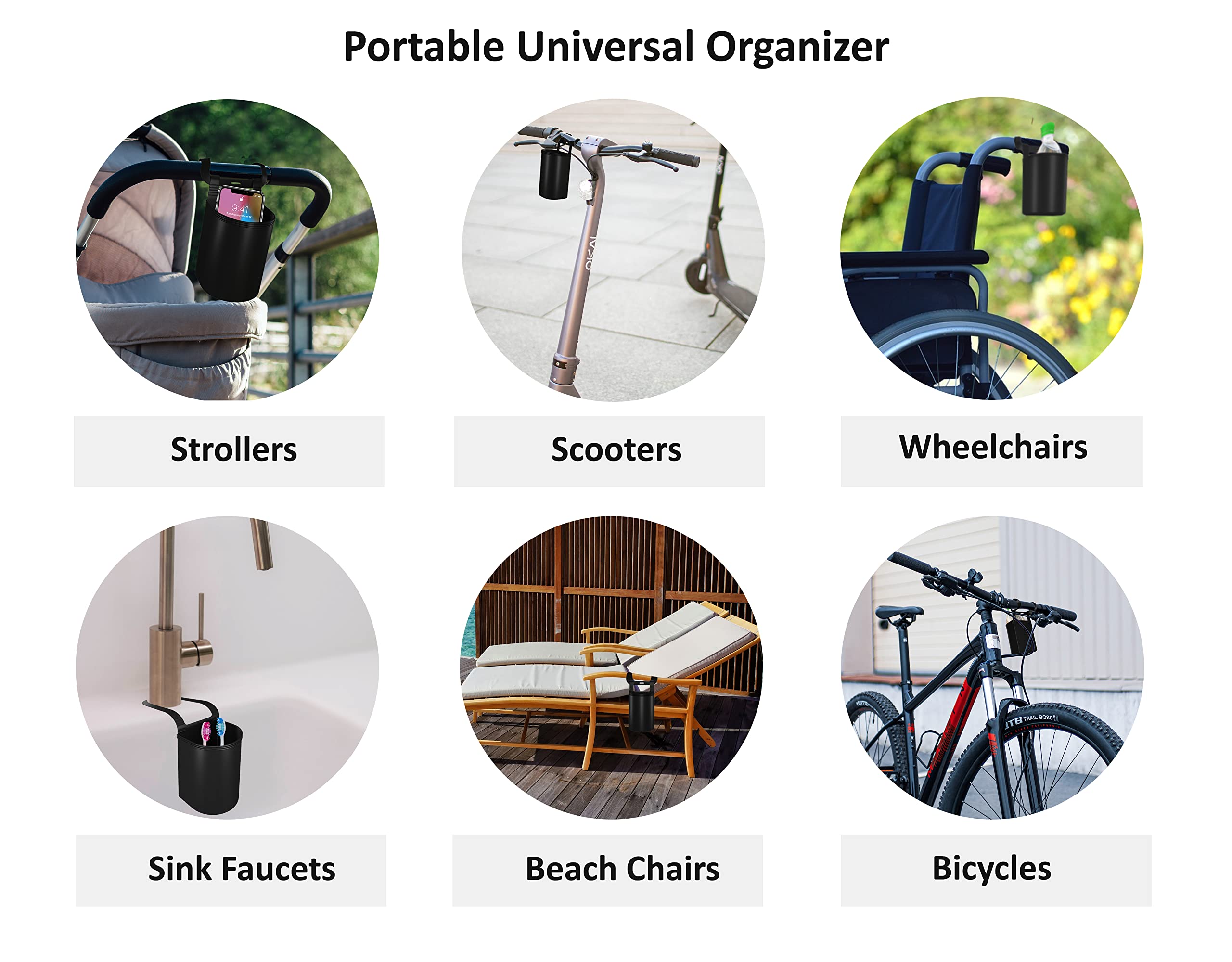 Rebraf Products Silicone Stroller Cup Holder- Stroller Organizer- Phone Holder- Portable Universal Attachment for Stroller, Walker, Bike, Wheelchair, Scooter, Lawn Chair, Beach Chair (Black)