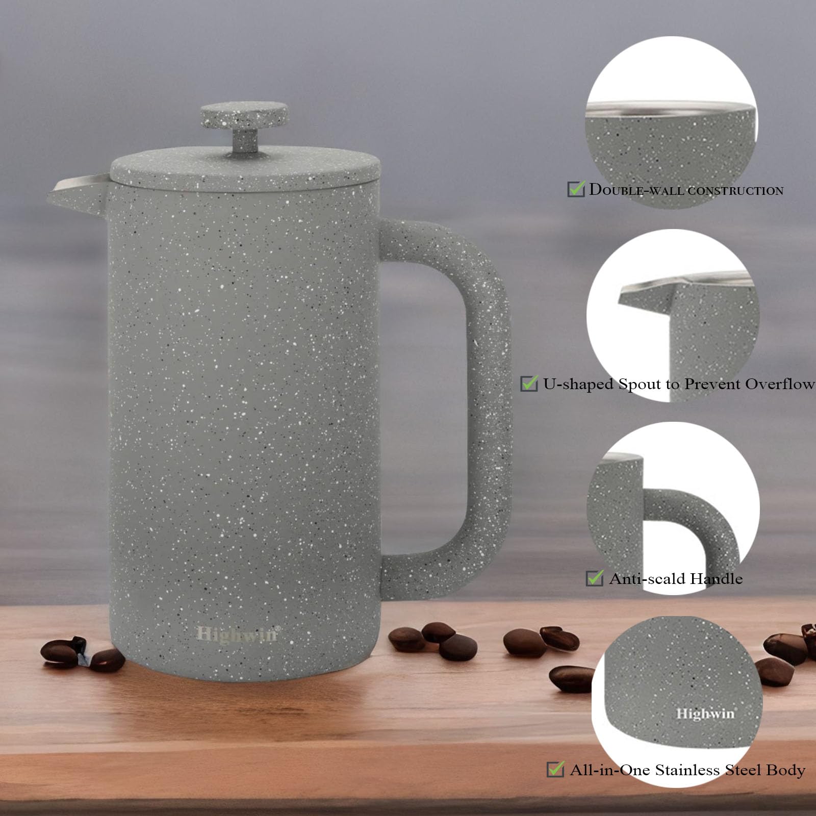 Highwin 8-Cup Double Wall Insulated Stainless Steel French Coffee Press, 32-Ounce Durable Coffee Tea Maker with Stainless Steel Plunger (Graphite Gray)