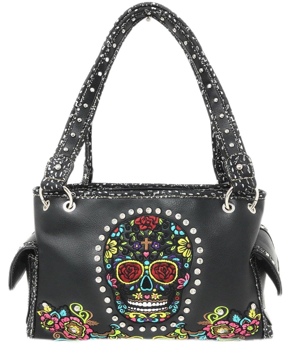 Texas West Women's Embroidered Metal Skull Purse Handbag and Wallet set in 7 colors (Black messenger bag)