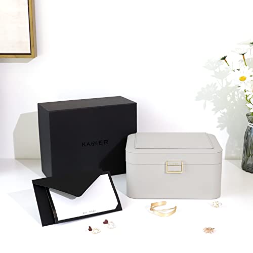KAMIER Jewelry Organizer,2 Layer Jewelry Organizer Box for Earrings Bracelets Rings Necklaces,Luxury Leather & Soft Velvet Lined,Gift Box Packaging,Gray