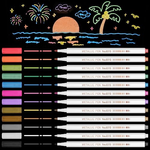 Fine Tip Metallic Marker Pens, Set of 12 Assorted Colors for Painting, Scrapbooking, Calligraphy and DIY Crafts including Greeting Cards, Photo Albums, Rock Art and Mugs - Perfect for Valentine's Day