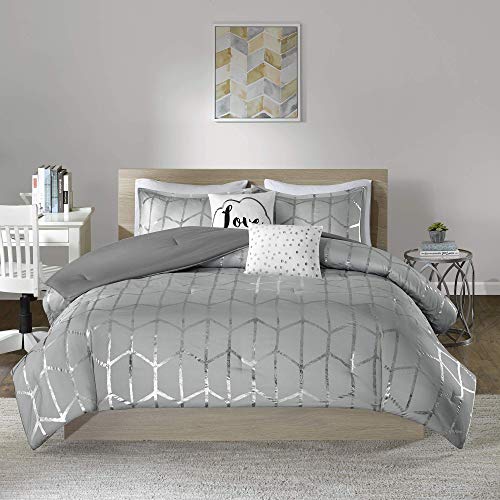 Intelligent Design Raina Comforter Microfiber Metallic Print Geometric Design Embroidered Toss Pillow Modern Trendy Casual All Season Bedding Set Matching Sham, King/Cal King, Grey/Silver 5 Piece