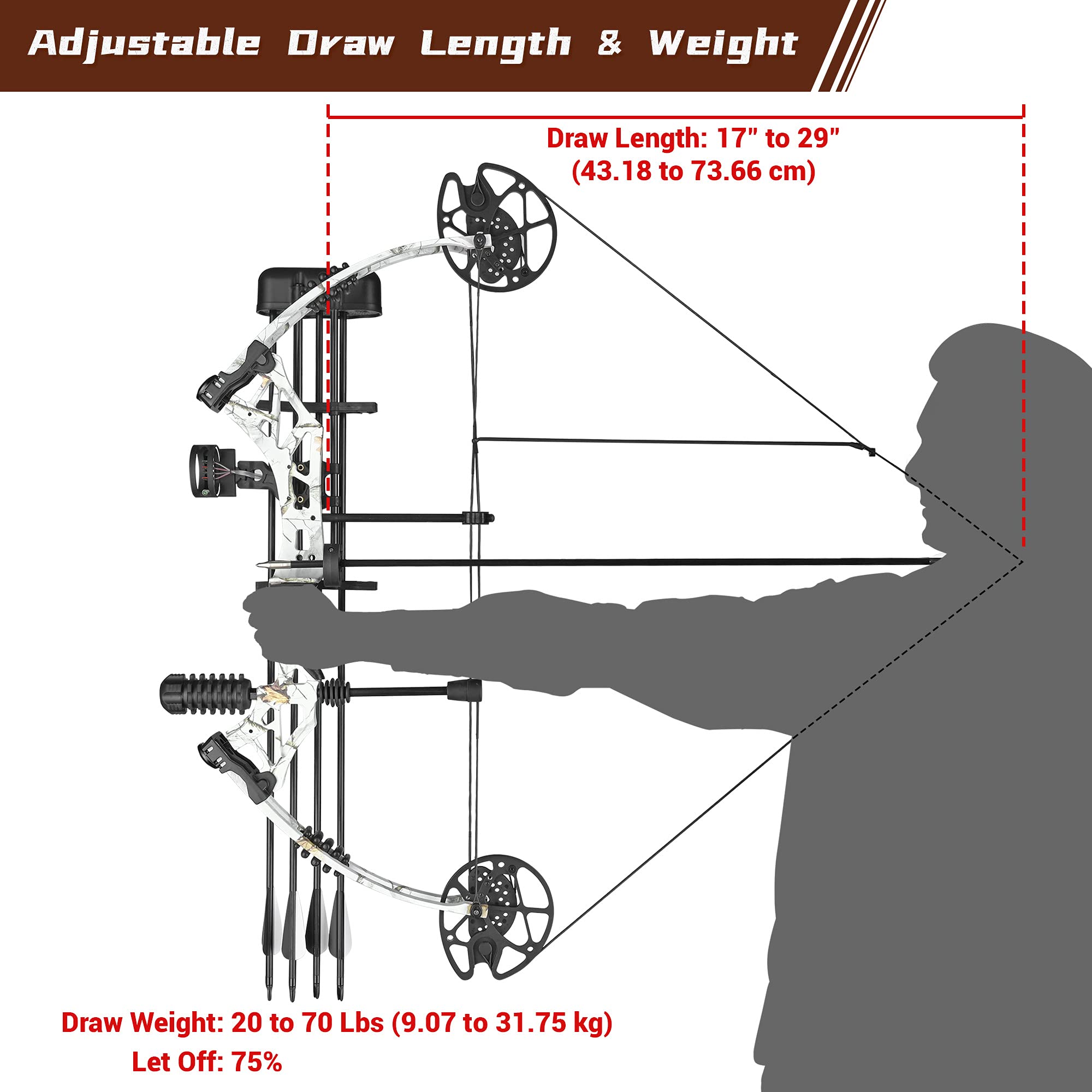 AW Compound Bow Kit 70 Lbs Draw Weight for Adult Professional Hunting Target Practice Arrow Archery Hunting Shooting, White
