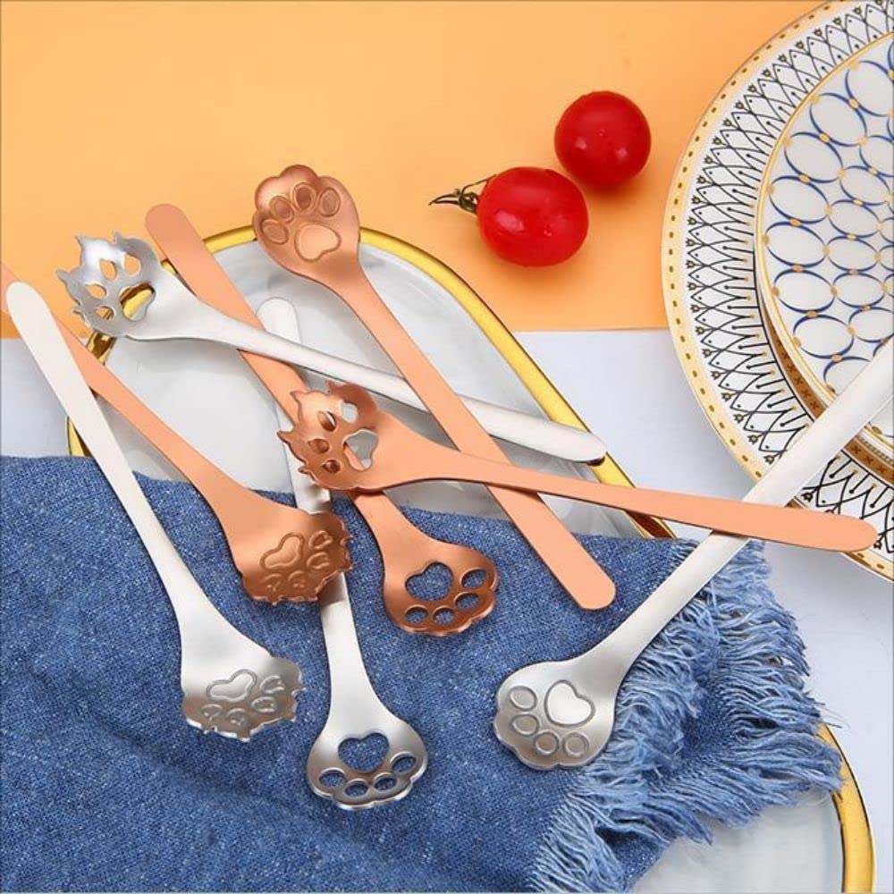 Cat Paw Coffee Spoons, Cute Cat Paw/Dog Paw Stainless Steel Teaspoon Sugar Ice Cream Cake Dessert Spoon Stirring Spoon(Hollow Cat Paw,silver)