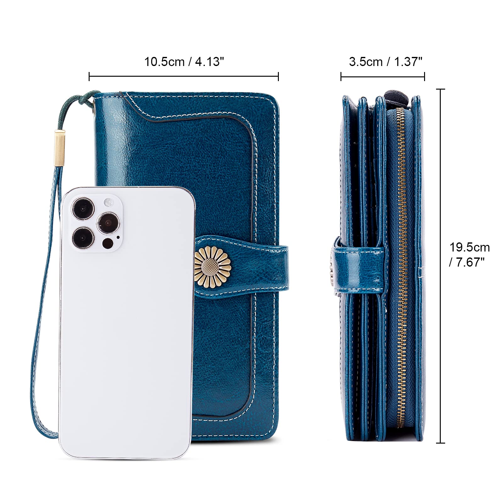 INSIFEEL Women's Wallets Large Capacity with RFID Protection Genuine Leather Wristlet Purse (Navy Blue)