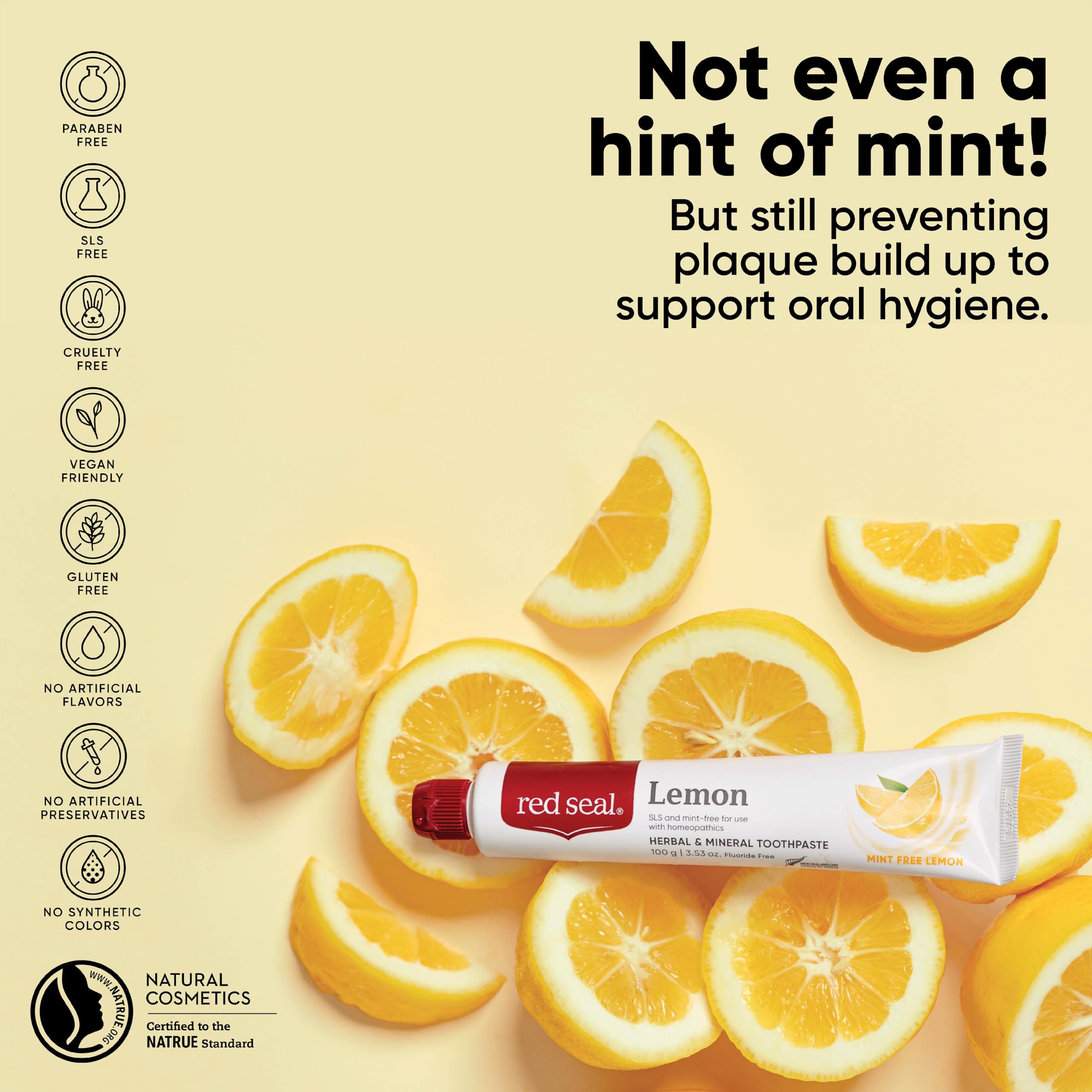 Red Seal Lemon Toothpaste, Friendly Mint Free for Adults with Mint Aversions, Fluoride Free, No SLS, Fresh Citrus Flavor β Refreshing Natural Lemon Flavored Toothpaste, No Mint Flavor 3.5oz