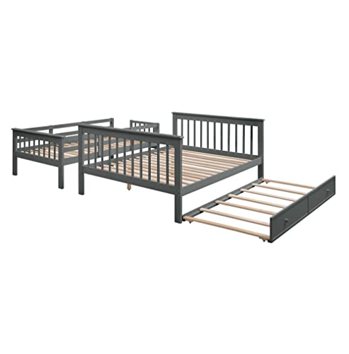 FIQHOME Stairway Twin-Over-Full Bunk Bed with Twin Size Trundle,Bunk Bed Frame Convertible into 2 Beds Storage and Guard Rail for Bedroom, Dorm, for Adults,Gray